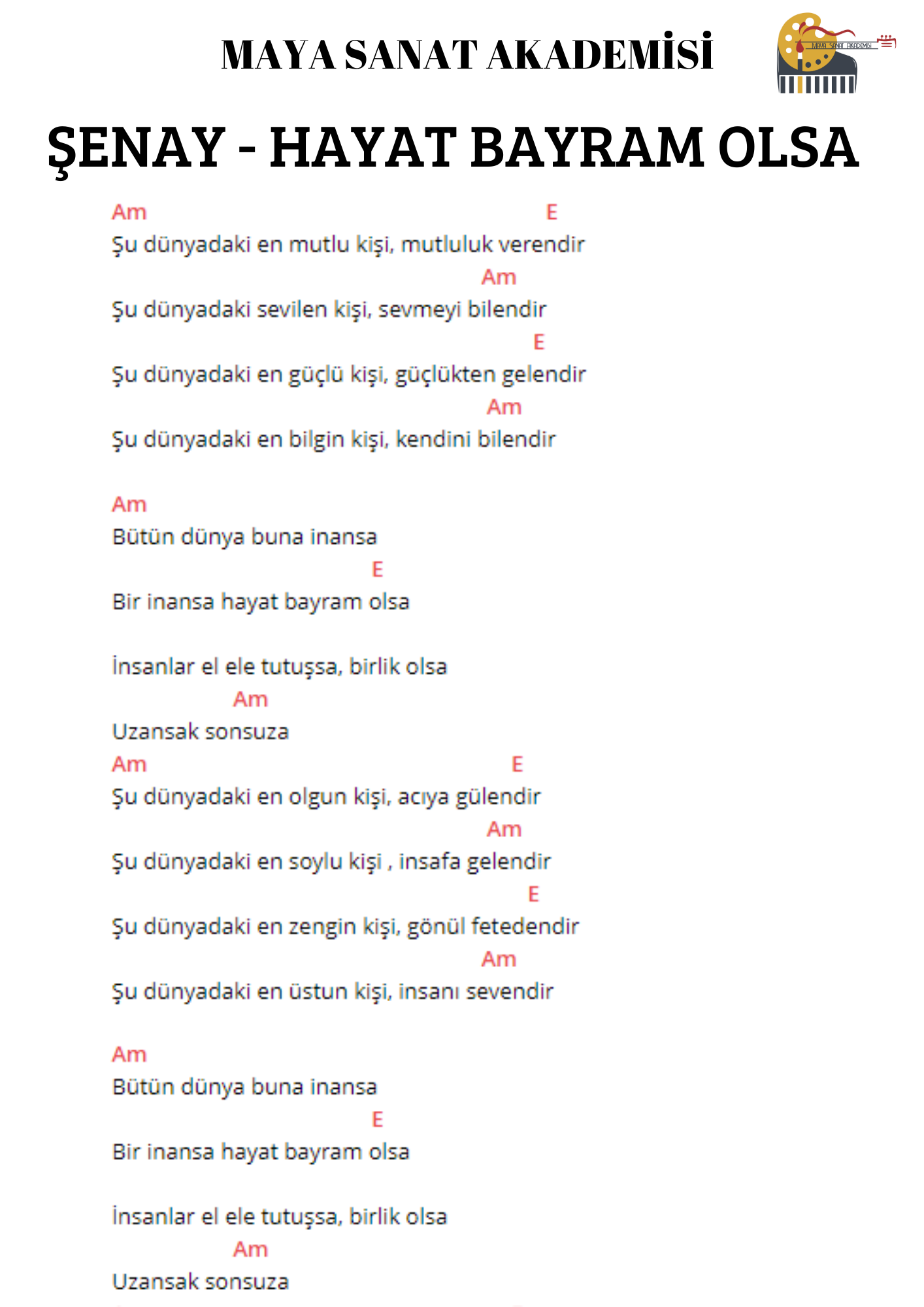 Hayat Bayram Olsa Şarkısının Akorları | Maya Sanat Akademi Hayat Bayram Olsa Şarkısının Akorları | Maya Sanat Akademi